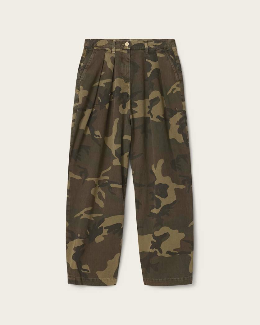 Becca Camo Denim Barrel Leg Trousers CAMO GREEN | ALLSAINTS